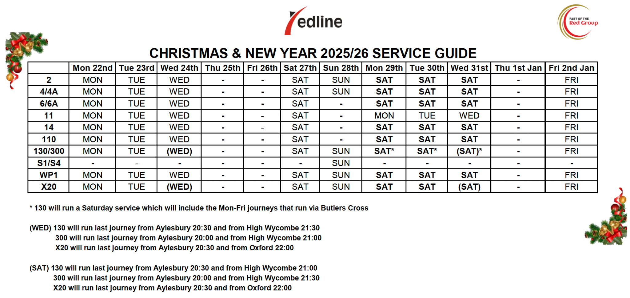 Redline Christmas & New Year Bus Service Schedule 2025 - Red Group